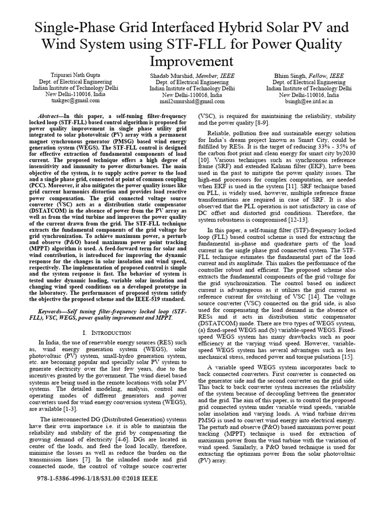 Single-Phase Grid Interfaced Hybrid Solar PV and Wind System Using STF-FLL For Power Quality ...