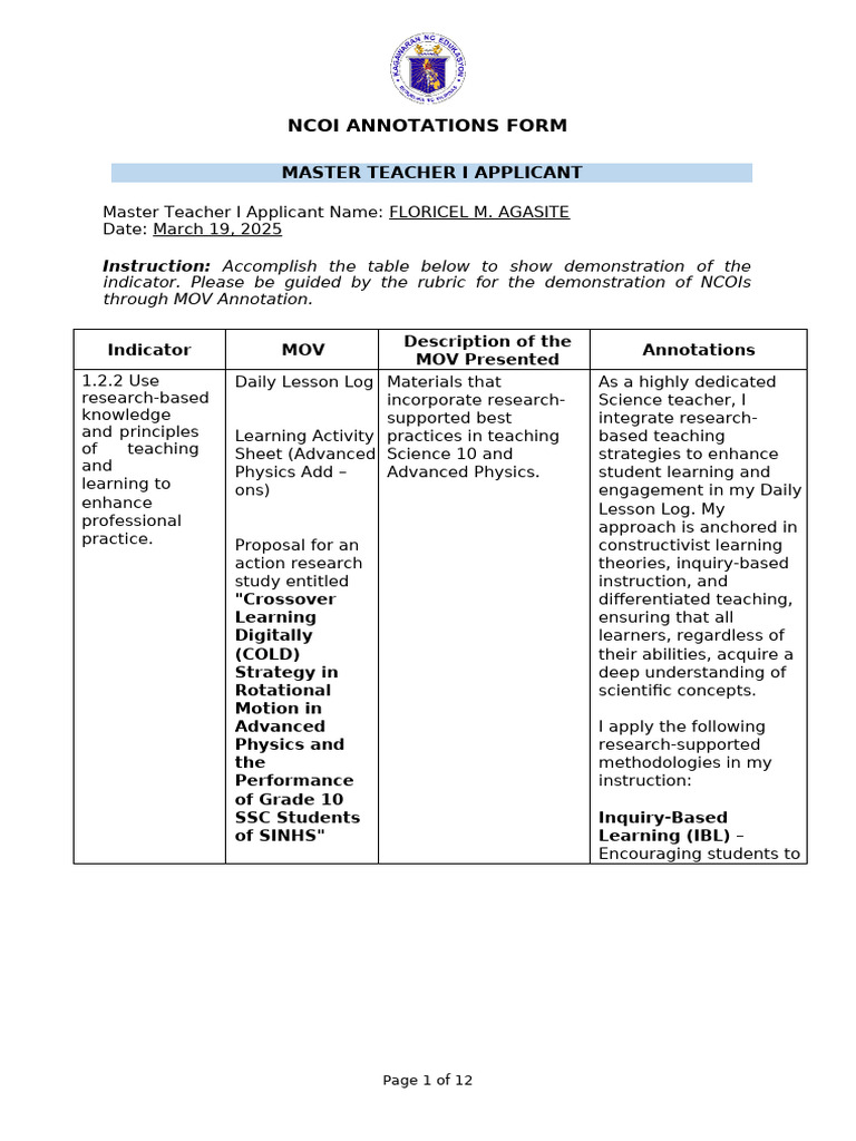 NCOI Annotations Form For Master Teacher I Applicant | PDF ...