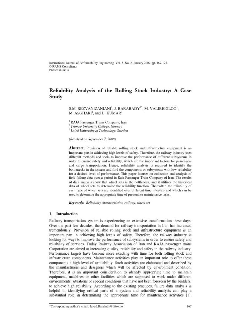 Reliability Analysis of The Rolling Stock Industry - A Case Study | PDF ...