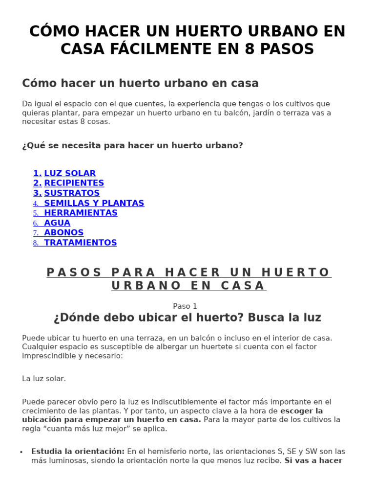 CÓMO HACER UN HUERTO URBANO EN CASA FÁCILMENTE EN 8 PASOS | PDF | Riego | Vegetales