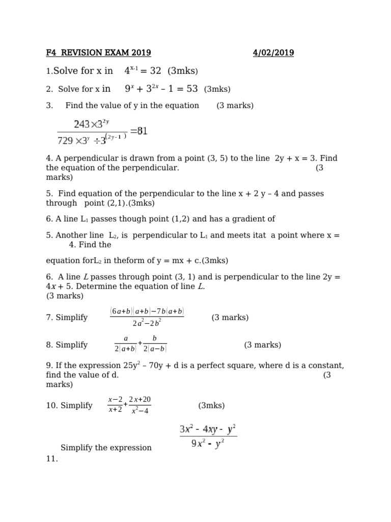 F4 Revision Exam 2019 PP1 | PDF | Applied Mathematics | Equations