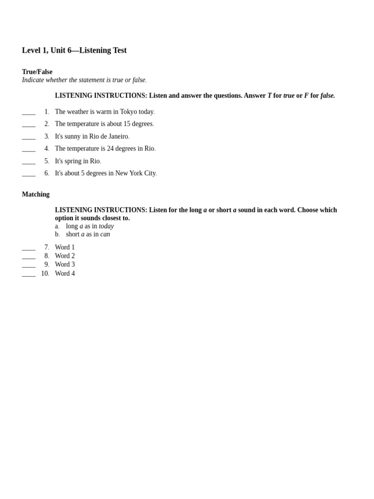 Level 1 Listening Test: Weather & Sounds | PDF