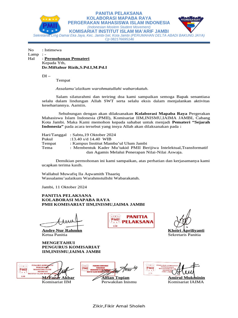 Permohonan Pemateri Mapaba | PDF