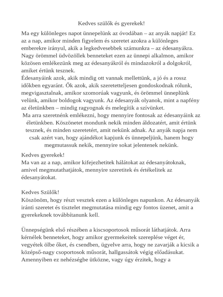 Anyák Napi Köszöntő Beszéd | PDF