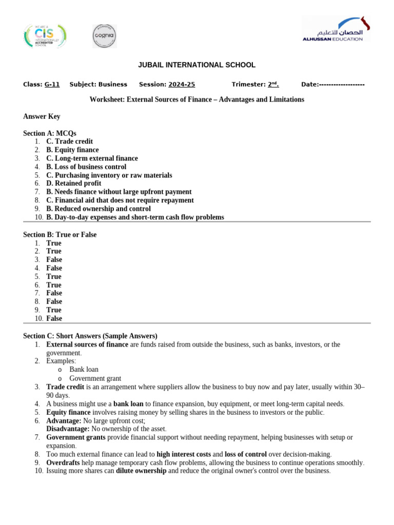 Answers G-11-External Sources of Finance WorkSheet 2 | PDF