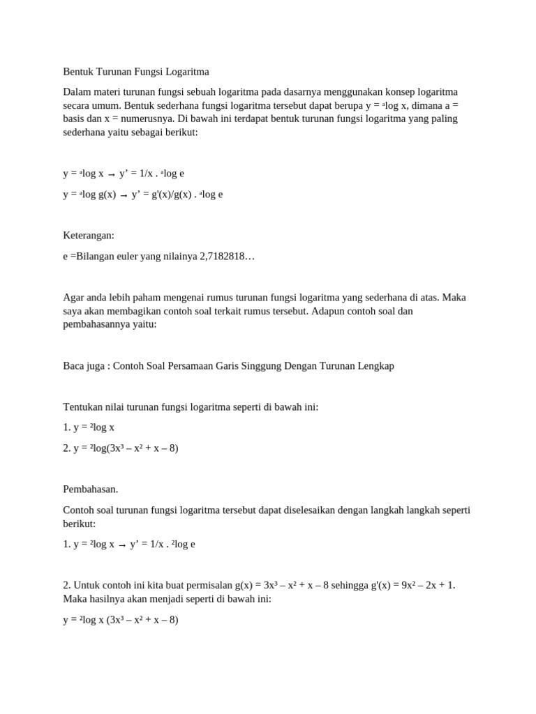 Rumus dan Contoh Turunan Logaritma | PDF