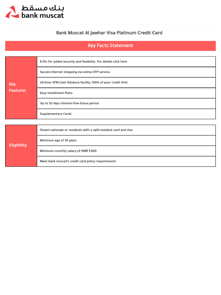 Bank Muscat Al Jawhar Visa Platinum Credit Card | PDF