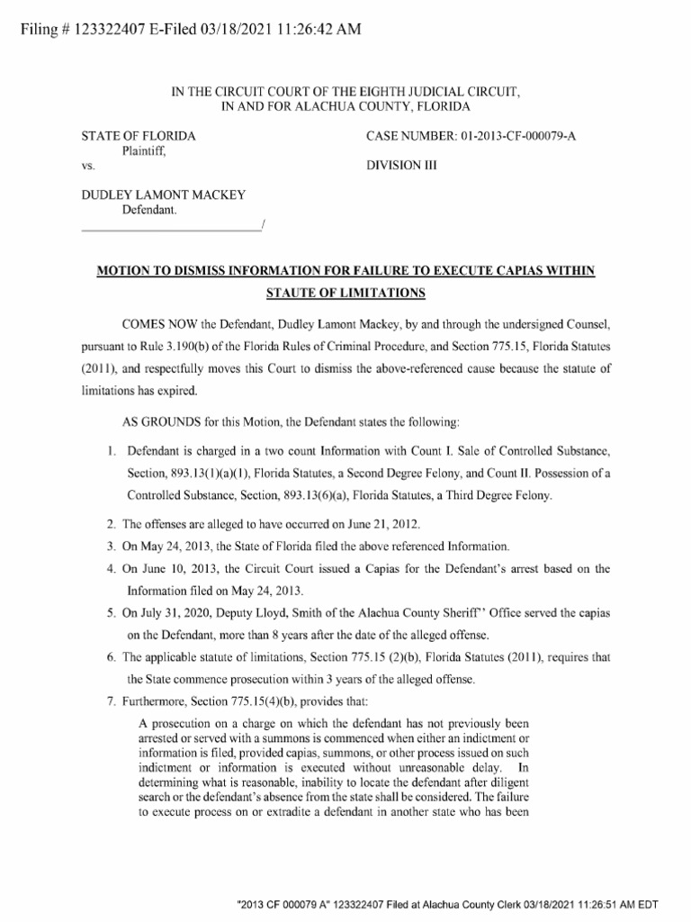 Motion To Dismiss Criminal Charges Statute of Limitations - Florida ...