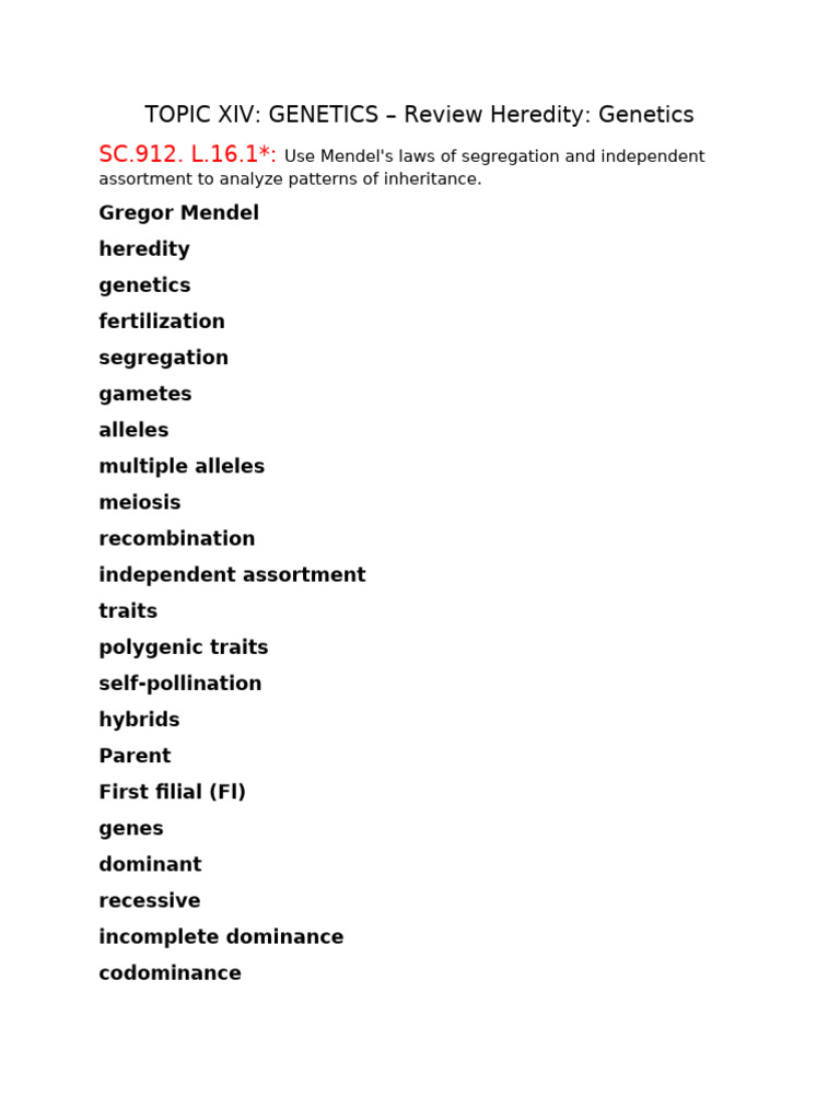 Topic Xiv Genetics. Vocabulary | PDF