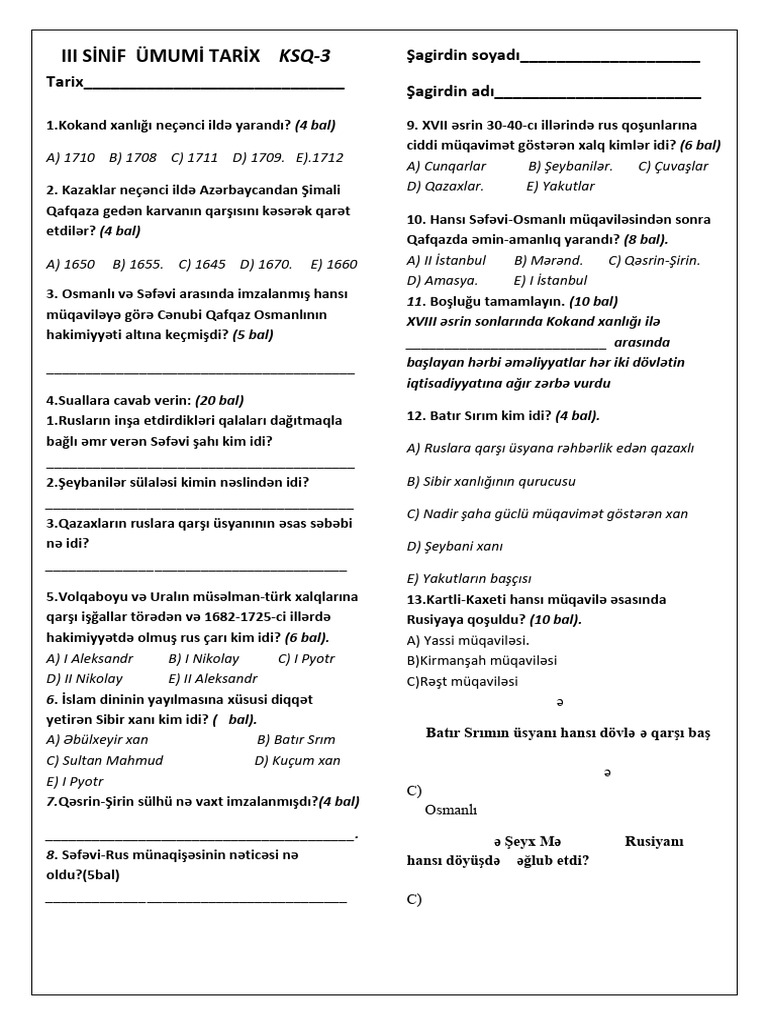 VIII Sinif Ümumi Tarix KSQ-3 | PDF