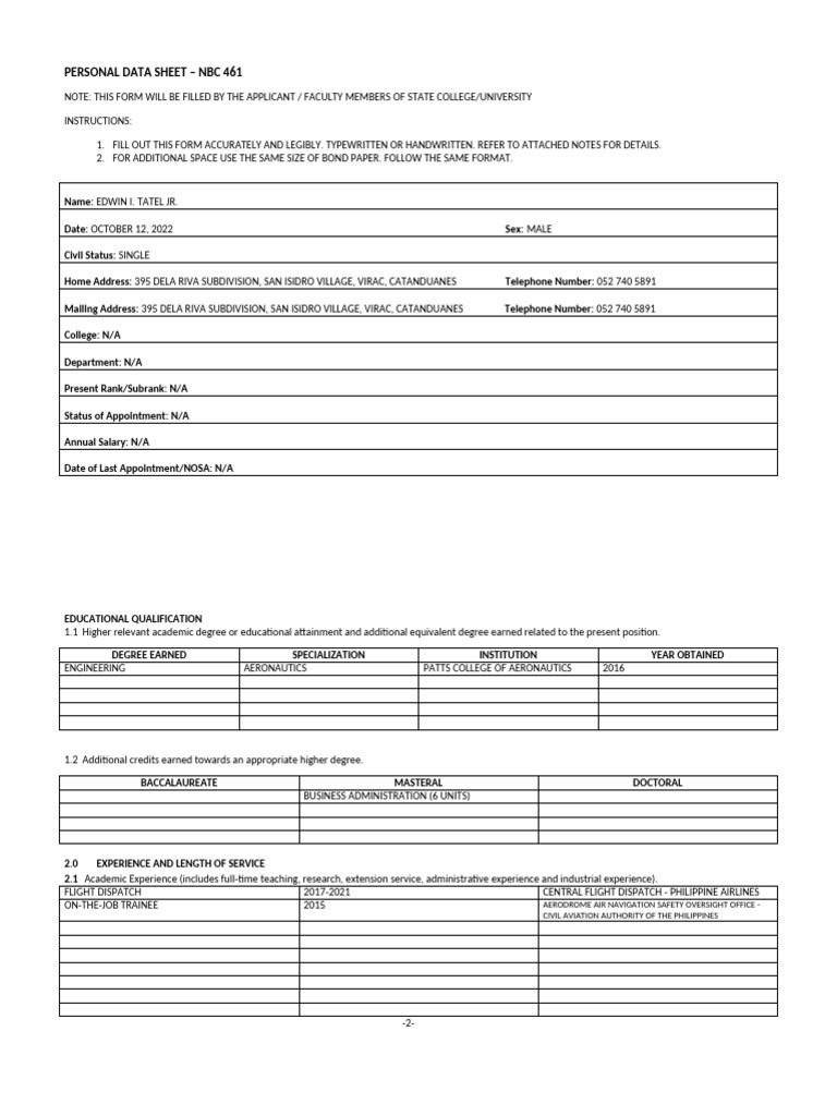 NBC 461 Personal Data Sheet | PDF | Academic Degree | Aviation
