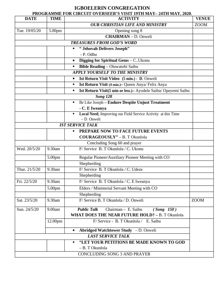 Programme For Circuit Overseer's Visit 19th - 24th, May 2020. | PDF ...