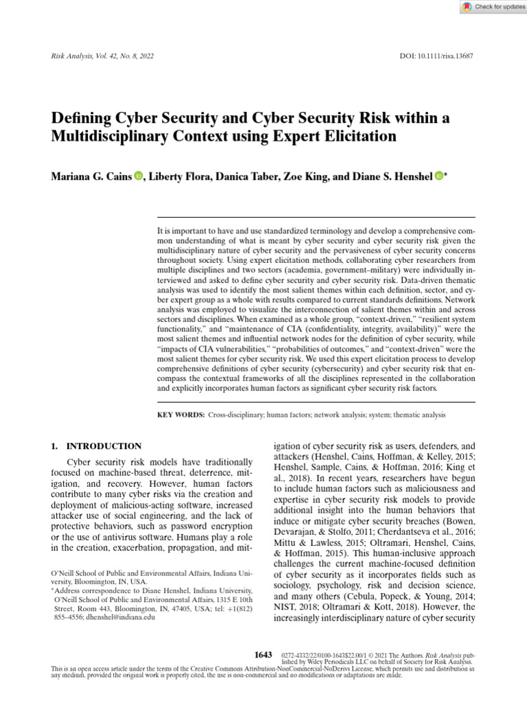 Risk Analysis - 2021 - Cains - Defining Cyber Security and Cyber ...