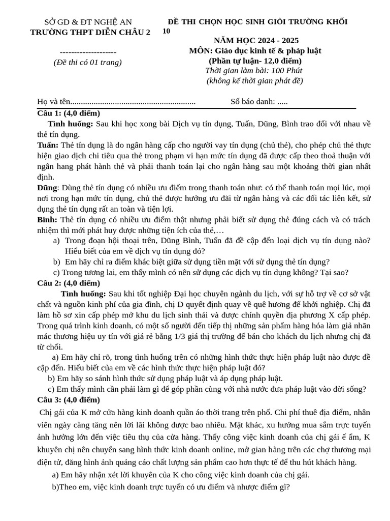 đề thi hsg ktpl 10 - tự luận-NA | PDF