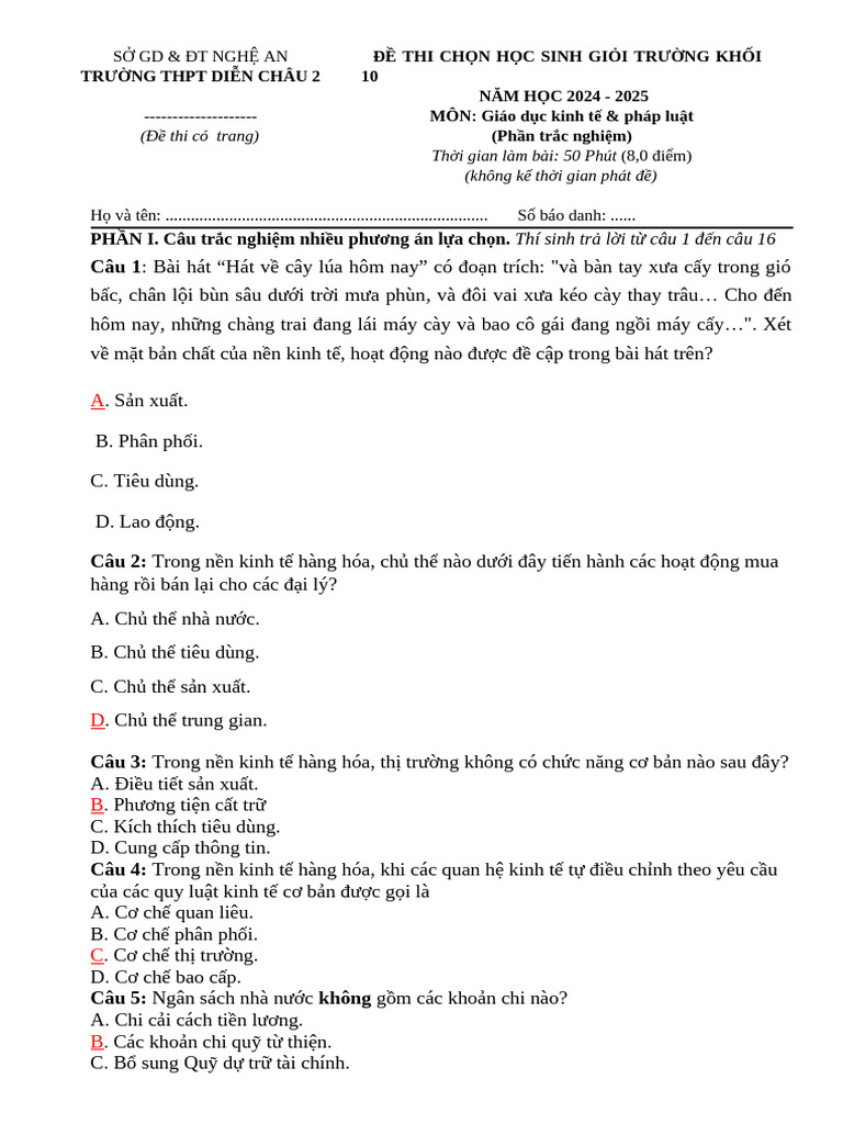 Đề Thi HSG KTPL 10 - Trắc Nghiệm | PDF