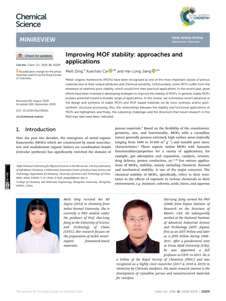 Improving MOF stability: approaches and applications | PDF | Chemical ...