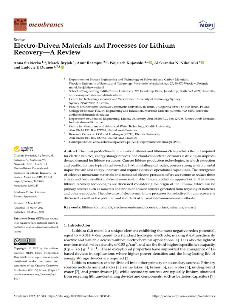 Electro-Driven Materials and Processes For Lithium Recovery - A Review ...