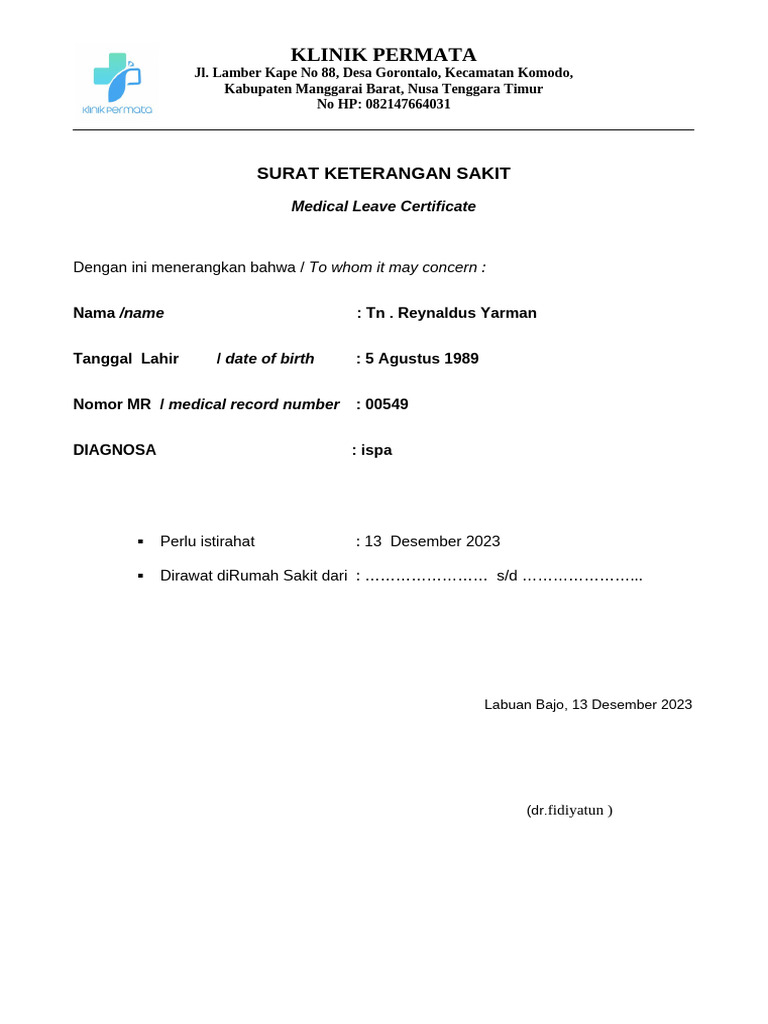 Surat Keterangan Sakit Klinik Permata | PDF