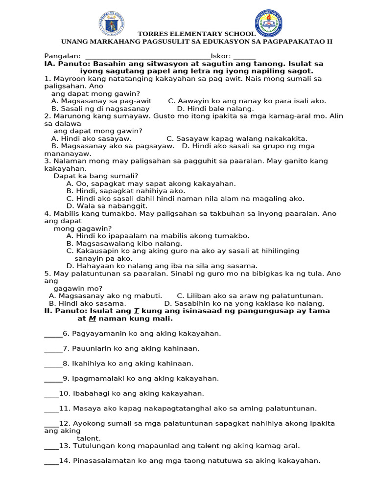 PT - Esp 2 - Q1 V2 - Long | PDF