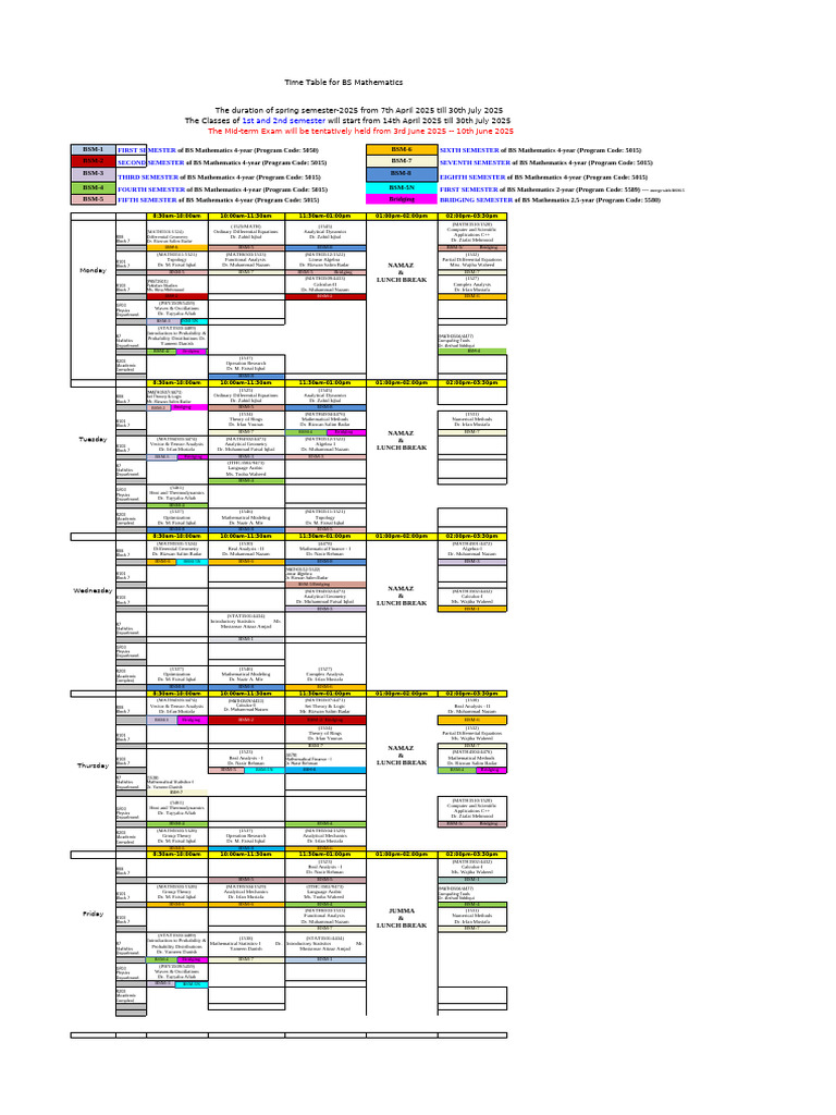 BS Mathematics Spring 2025 Timetable | PDF | Mathematics | Mathematical ...
