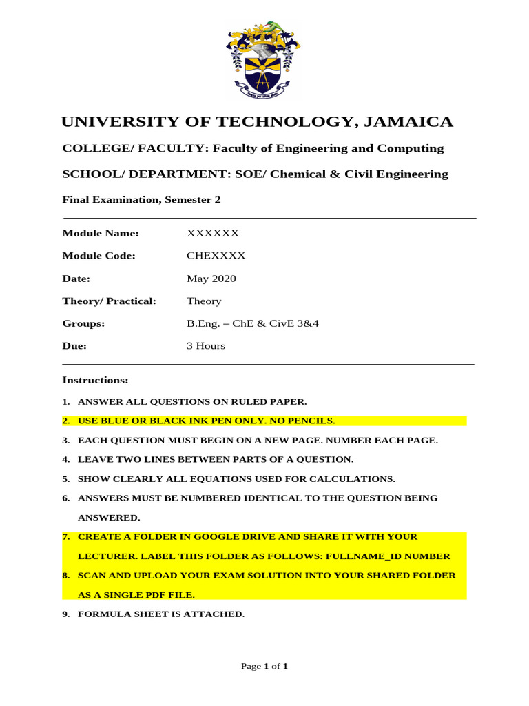 Engineering Final Exam Instructions 2020 | PDF