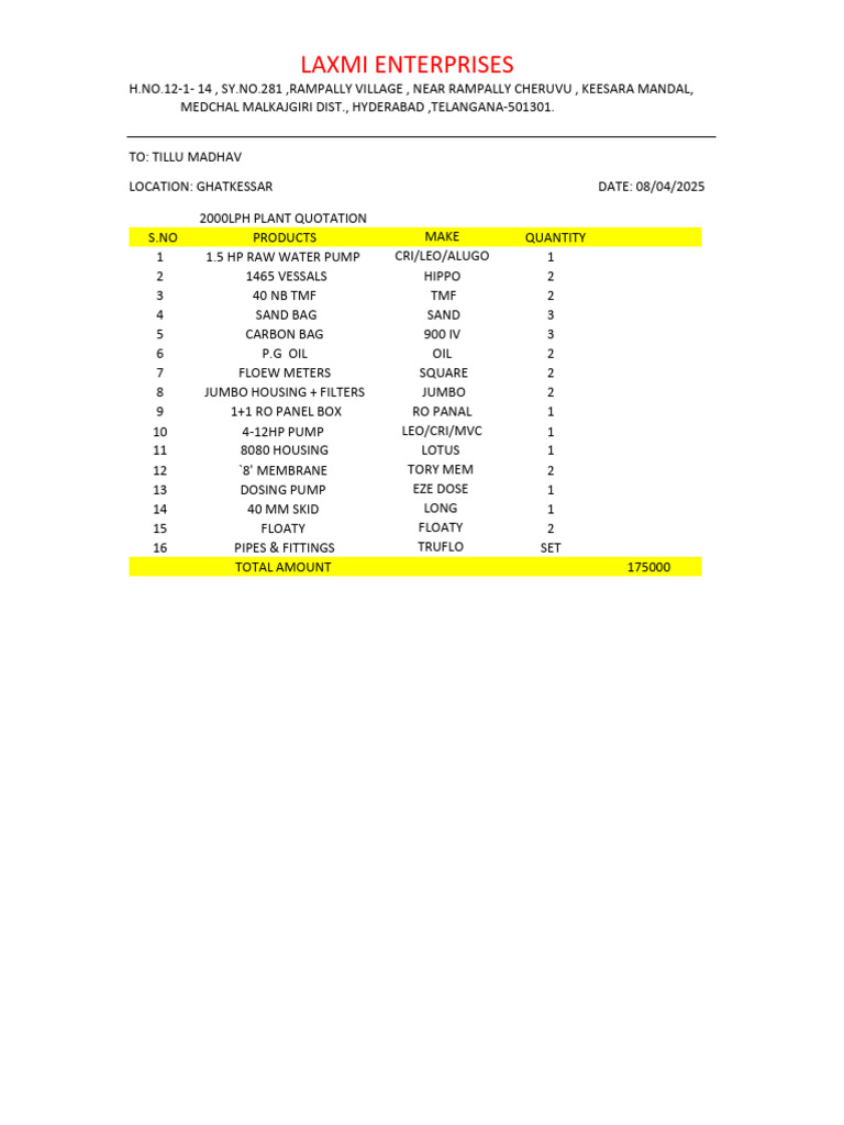 2000 LPH Plant Quatation | PDF