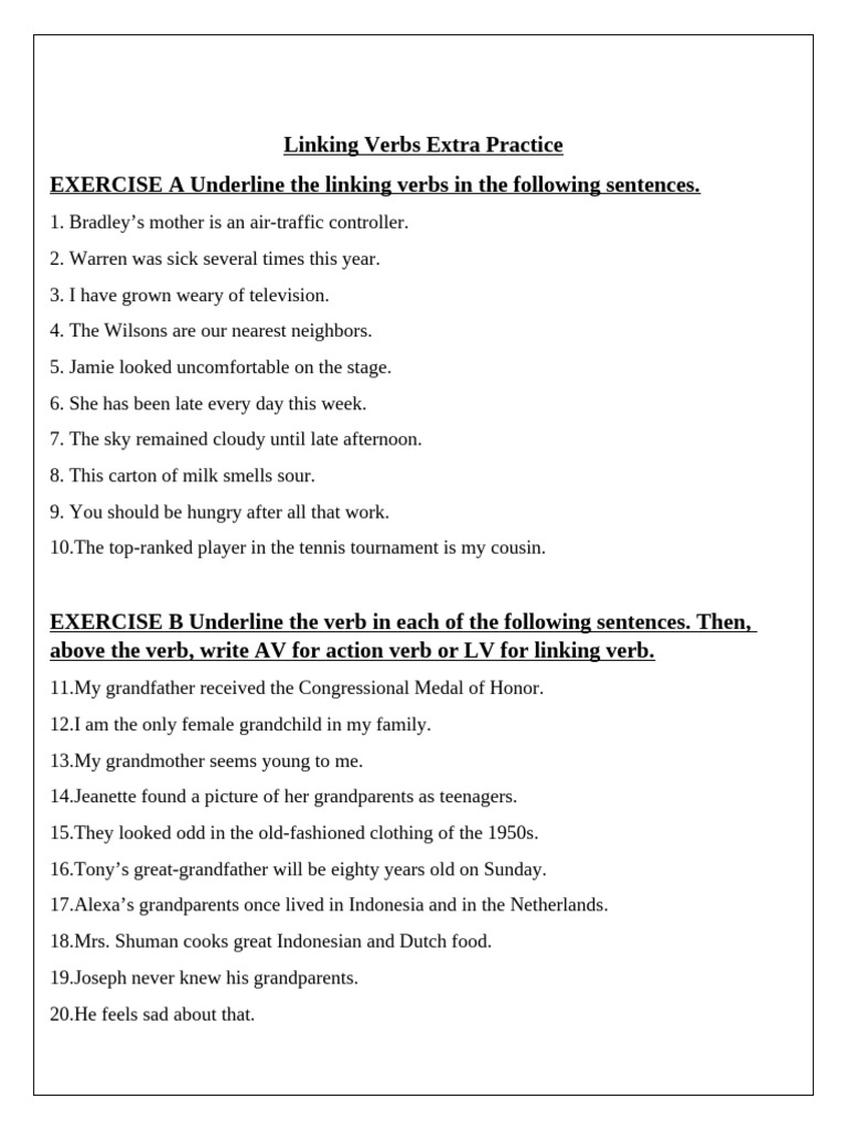 Linking Verbs Extra Practice | PDF