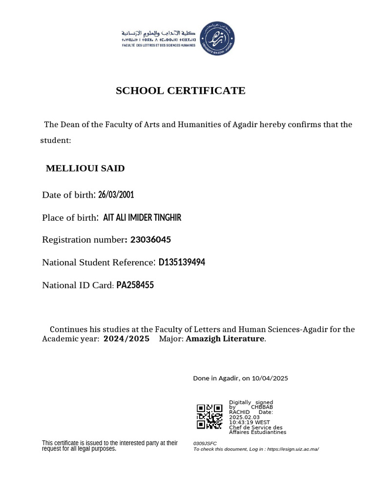 School Certificate for Melloui Said | PDF