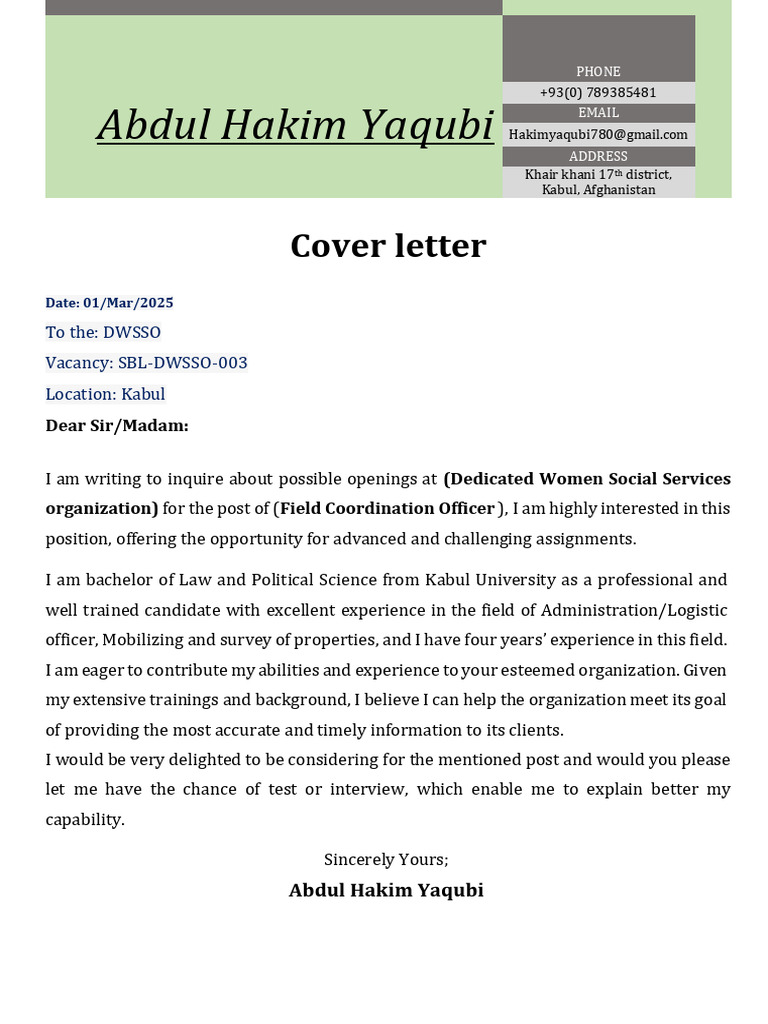 Abdul Hakim Yaqubi CV& COVER LETTER | PDF | Afghanistan | Microsoft Excel