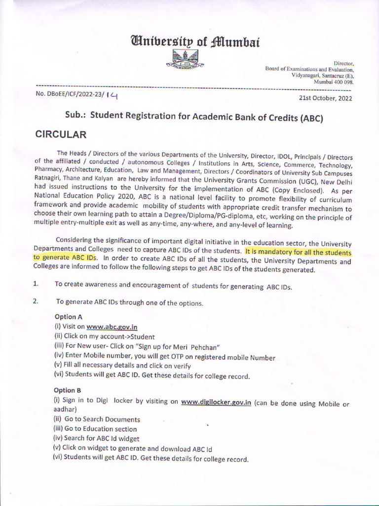 Circular Academic Bank Credits ABC Univ Dept Colleges | PDF