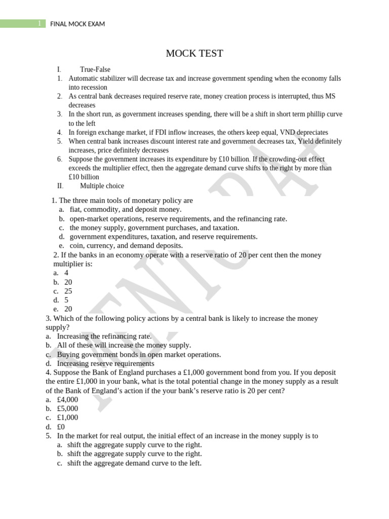 Economics Final Mock Exam Questions | PDF | Aggregate Demand | Money