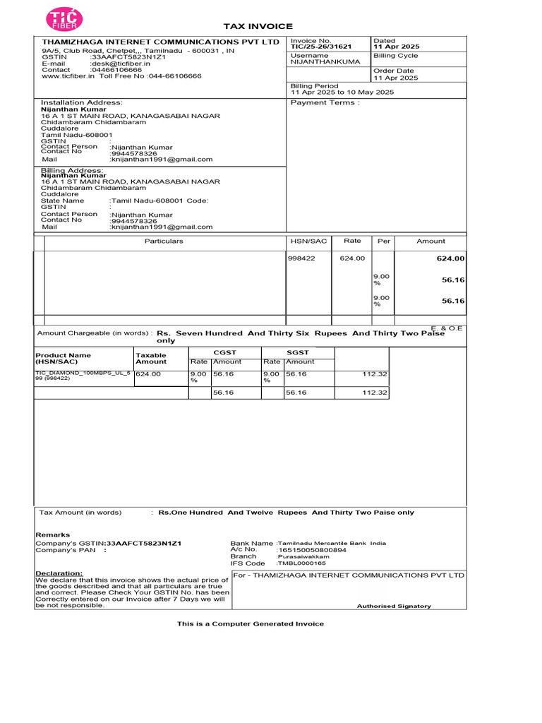 Tax Invoice for TIC Fiber Services | PDF | Taxation | Government Finances