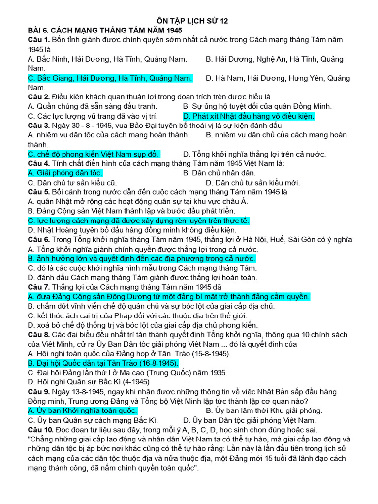 C. B C Giang, H Id NG, Hà T NH, Qu NG Nam.: ÔNT PL CHS 12 Bài 6. Cách M NG Tháng Tám N M 1945 ...