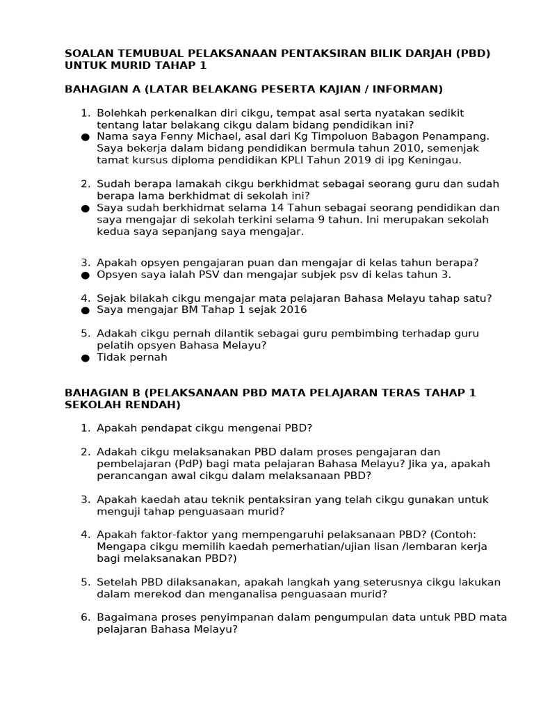 Soalan Temubual Pelaksanaan Pentaksiran Bilik Darjah (PBD) Tahap 1 Sekolah Rendah | PDF