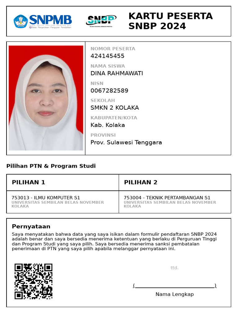 Kartu - Tanda - Peserta - SNBP FIX | PDF