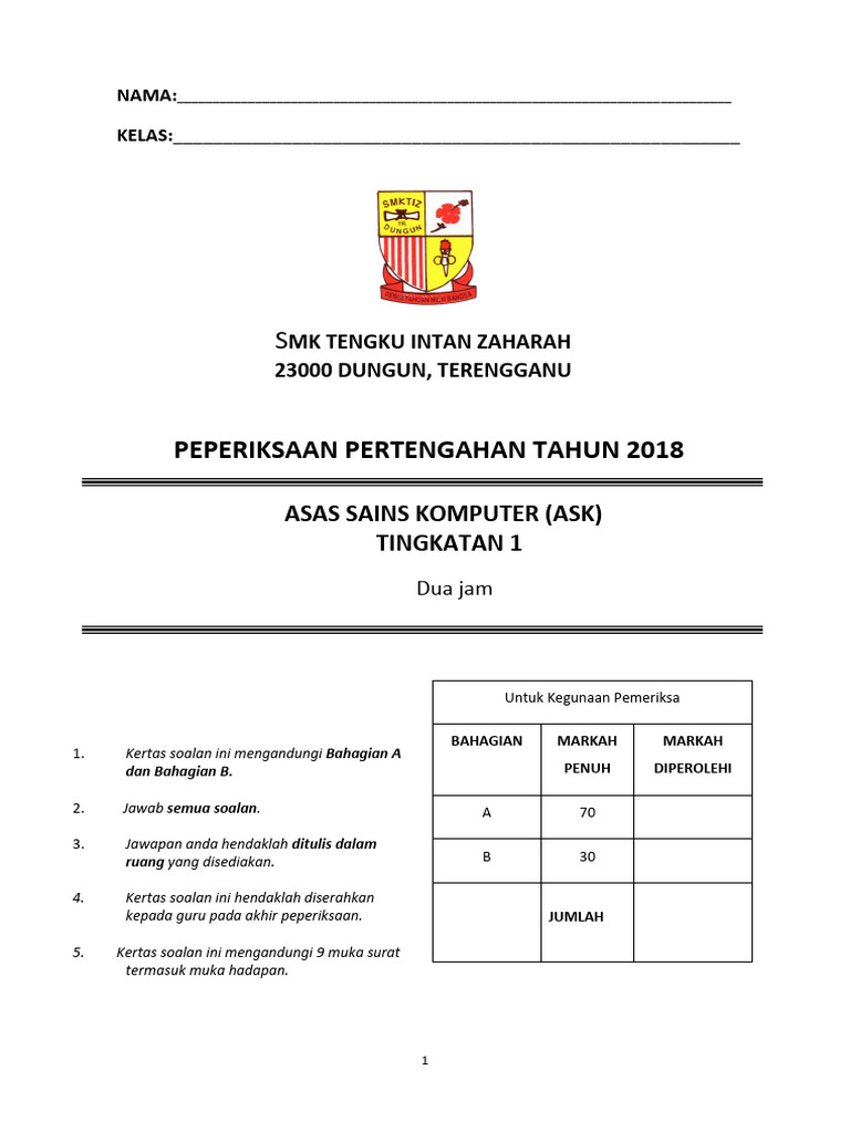 Soalan Ask Ting 1 pp2018 | PDF