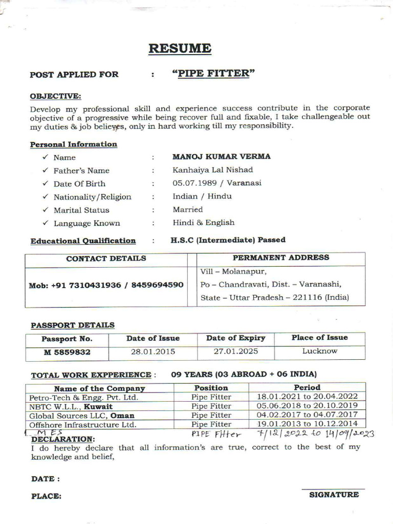 Manoj - Steel Fitter | PDF
