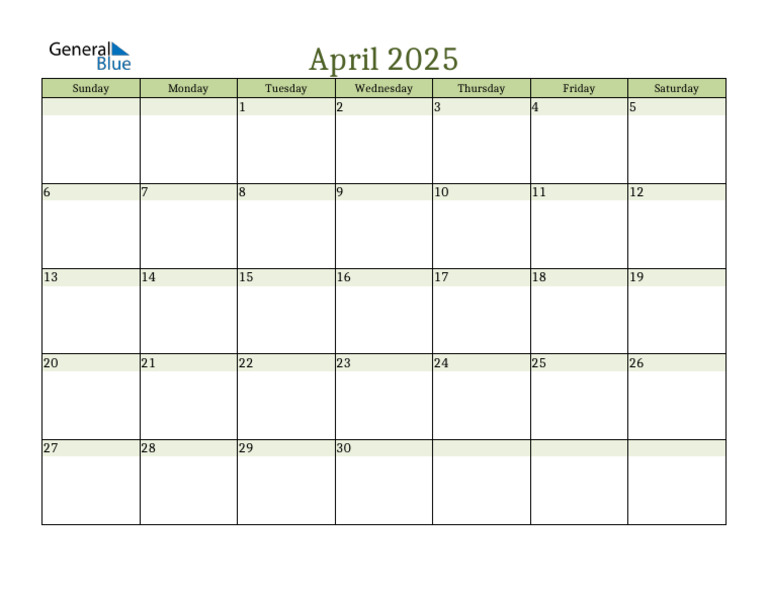 2025 04 April Calendar Green Sunday Start en | PDF