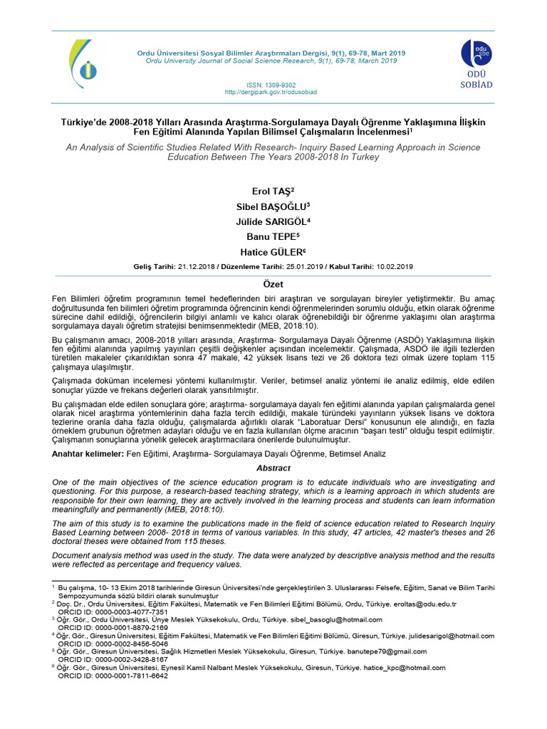 T Rkiye de 2008-2018 Y Llar Aras Nda Ara T Rma Ve Sorgulamaya Dayal Renme Yakla M Na Li Kin Fen ...