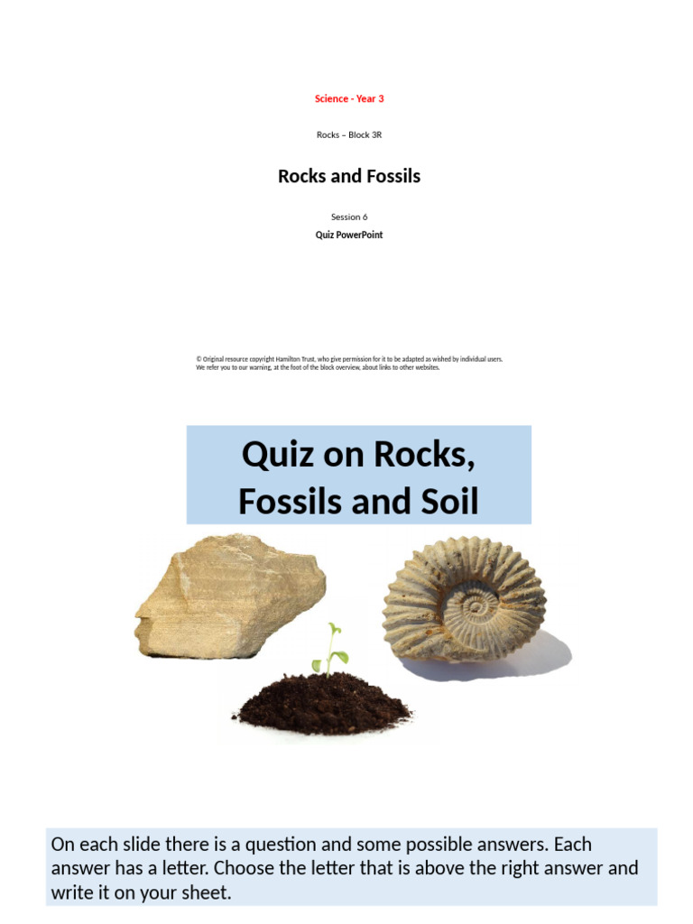 Year 3 Rocks and Fossils Quiz | PDF | Rock (Geology) | Sedimentary Rock