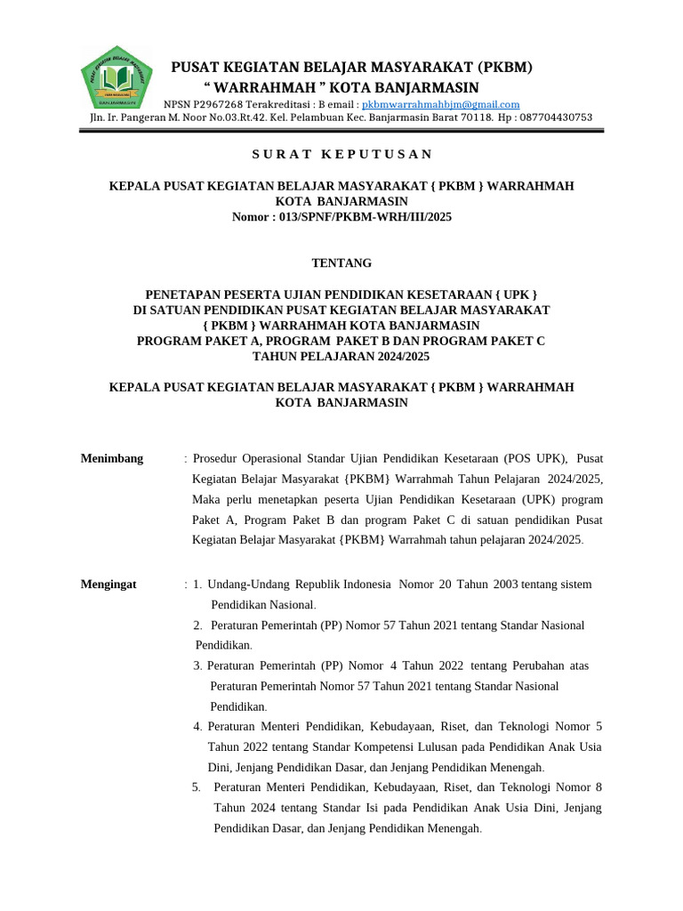 Contoh SK Penetapan Peserta Upk 2025 Final | PDF