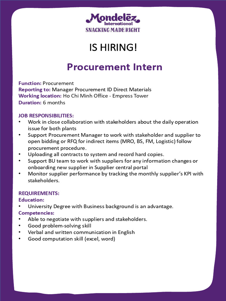 Mondelez Procurement Intern Position | PDF