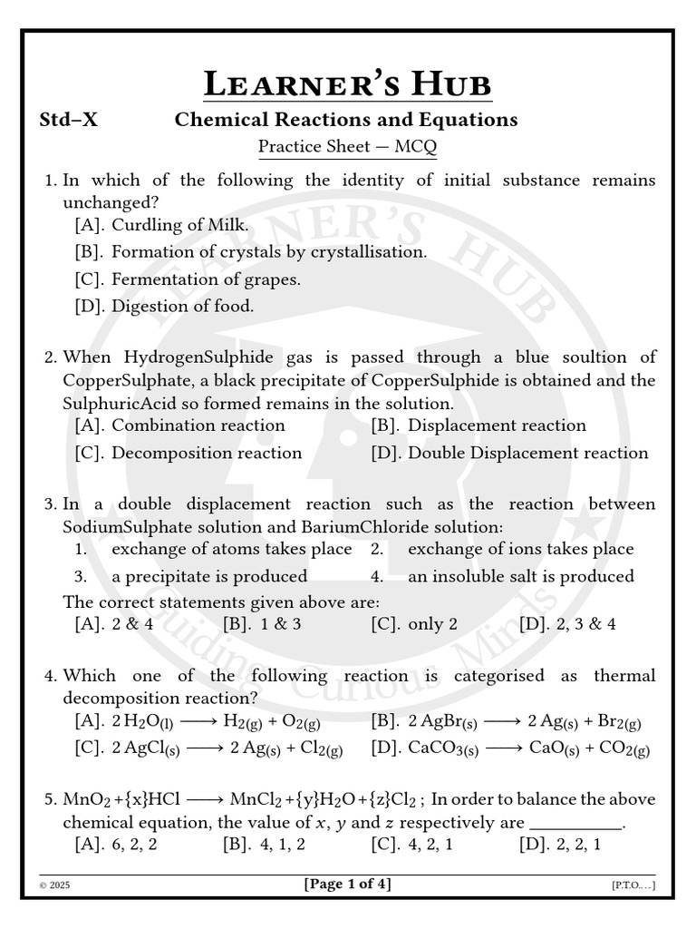 LH25 C10 SCI CP01 MCQ Chemical - Reactions.and - Equations 250412 | PDF | Chemical Reactions ...