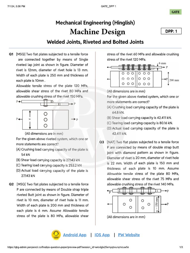 Welded, Riveted and Bolted Joints - DPP 01 | PDF