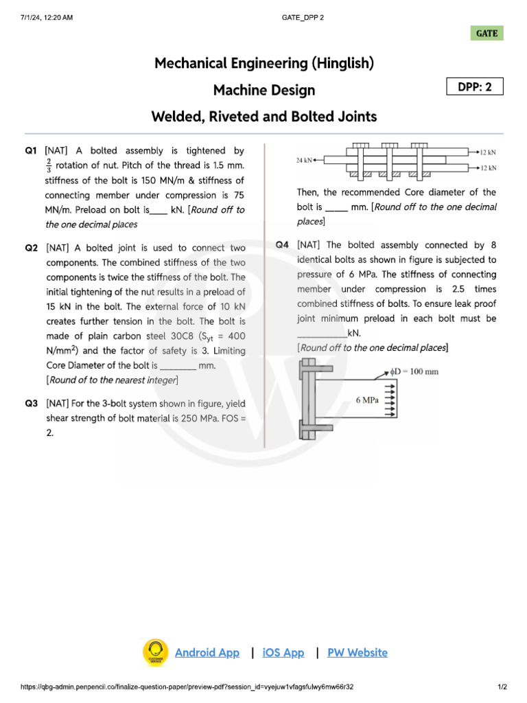Welded, Riveted and Bolted Joints _ DPP 02 | PDF