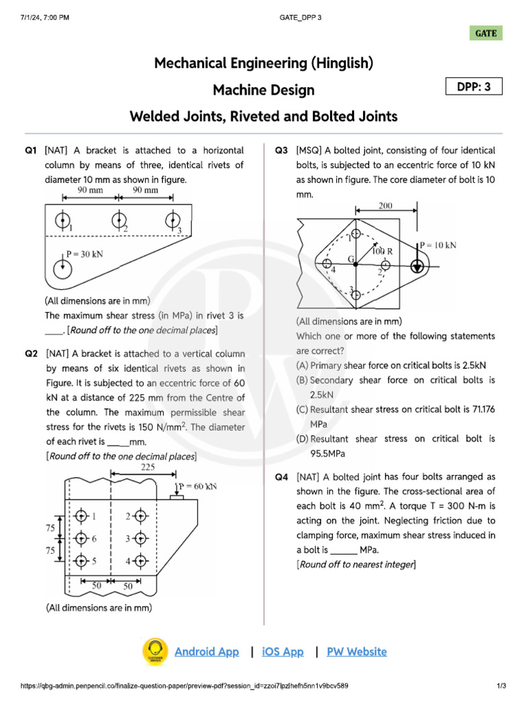 Welded, Riveted and Bolted Joints - DPP 03 | PDF