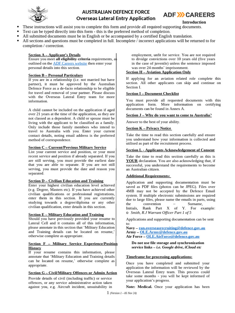 ADF Overseas Lateral Entry Application | PDF | Australian Defence Force ...