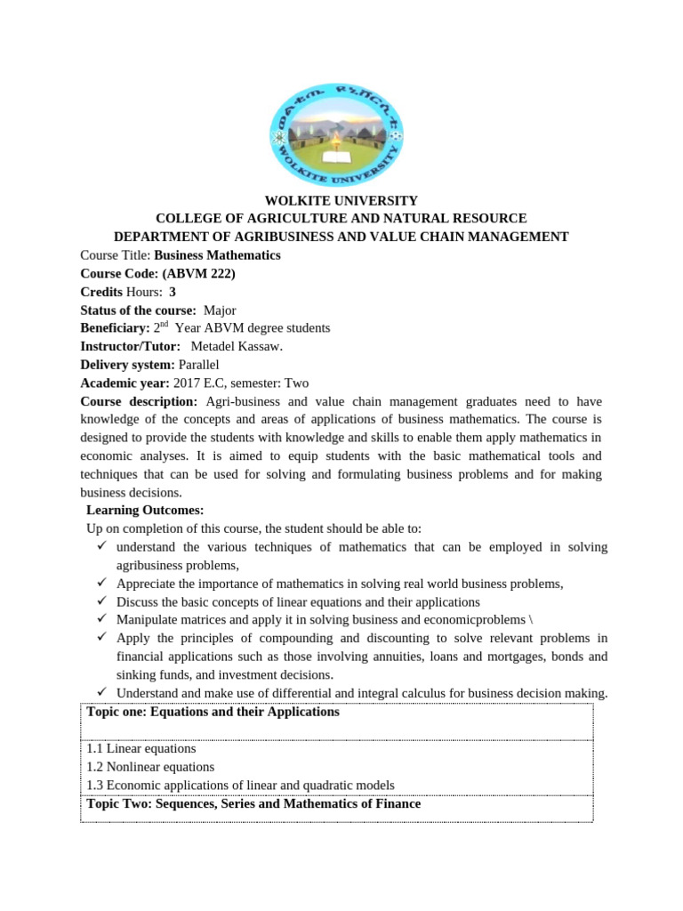 Business Mathematics Courseoutline | PDF | Mathematics | Integral