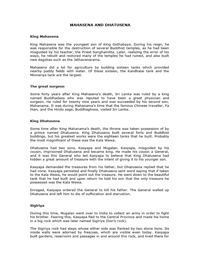 Dhatusena and Mahasena: Kings of Sri Lanka | PDF