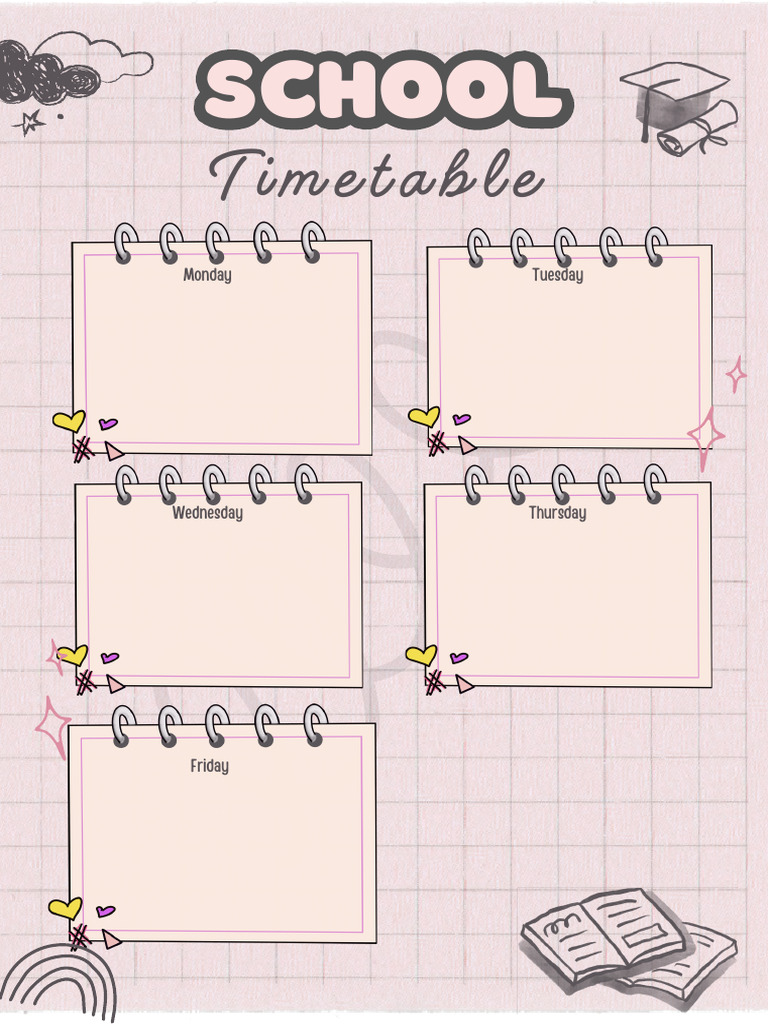 Gray Pink Pastel Cute Doodle School Timetable A4 Document | PDF